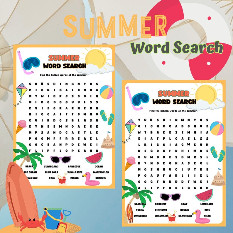 Printable Summer Word Search Game, Word Puzzle Activity for Kids,find A ...