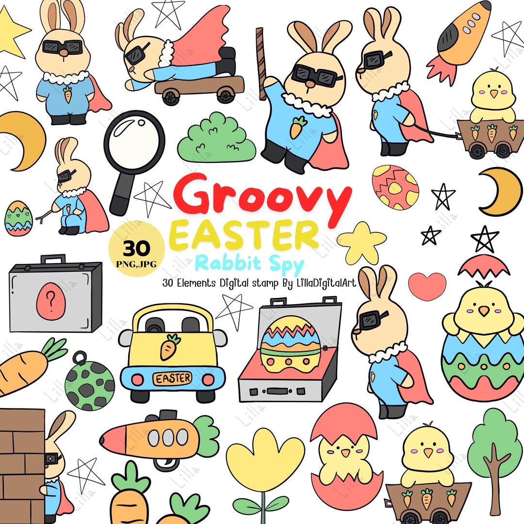 Groovy Easter Rabbit Spy Clipart, Digital Stamp, PNG, Clipart Easter ...