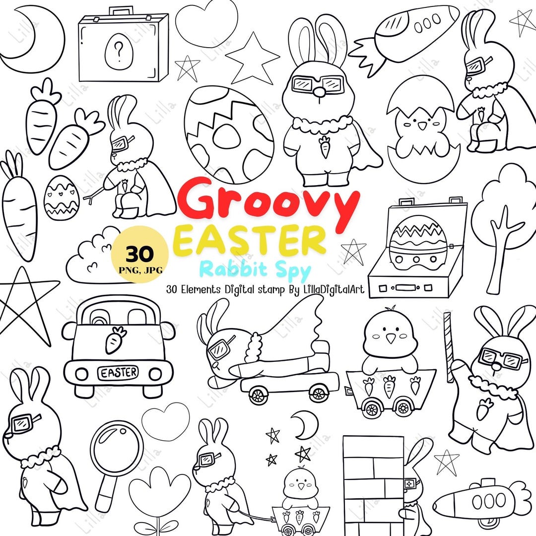 Groovy Easter Rabbit Spy Clipart: Retro Doodle Coloring (PNG, JPG) - Etsy
