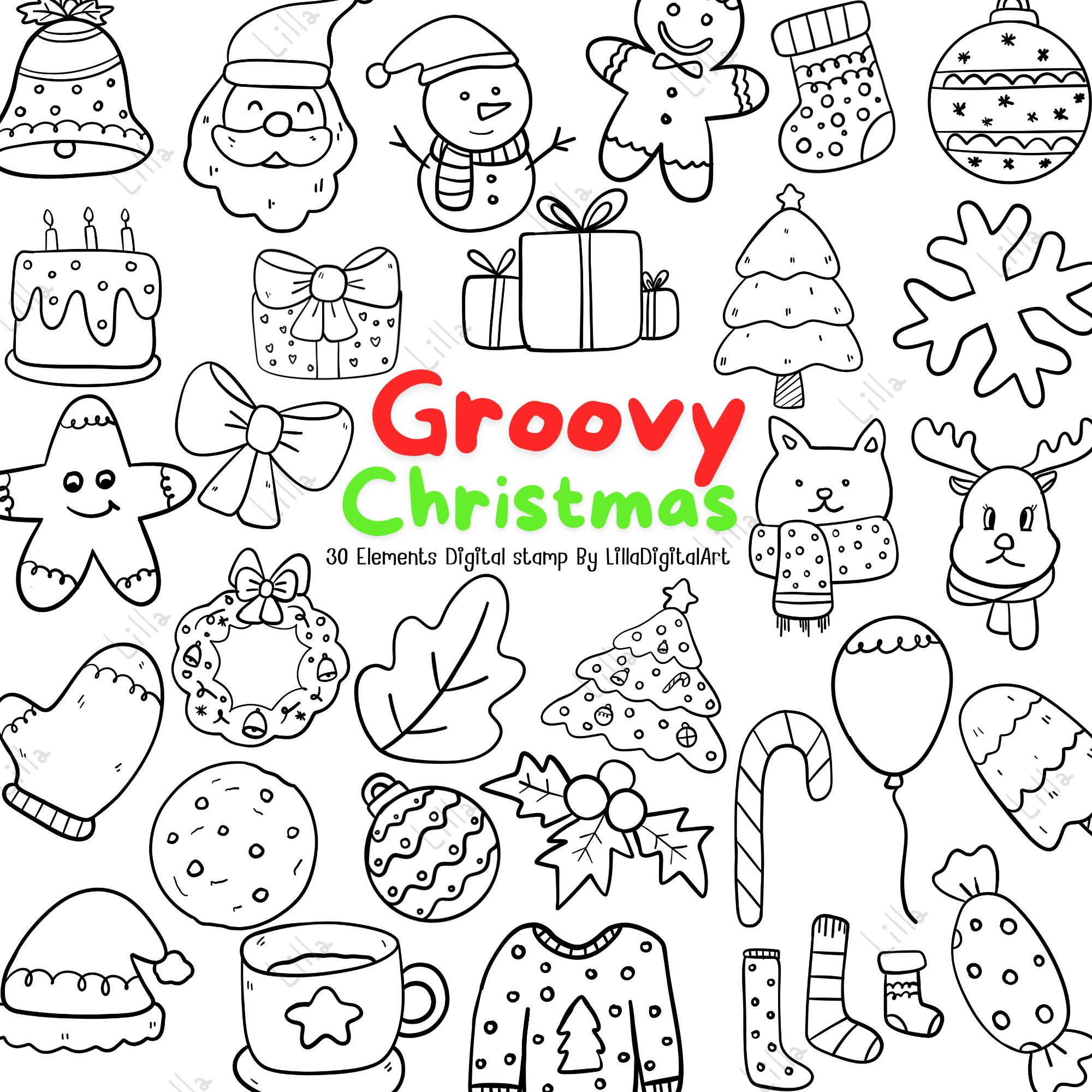 Groovy Christmas Digital Stamp PNG Doodle Coloring Retro Christmas ...
