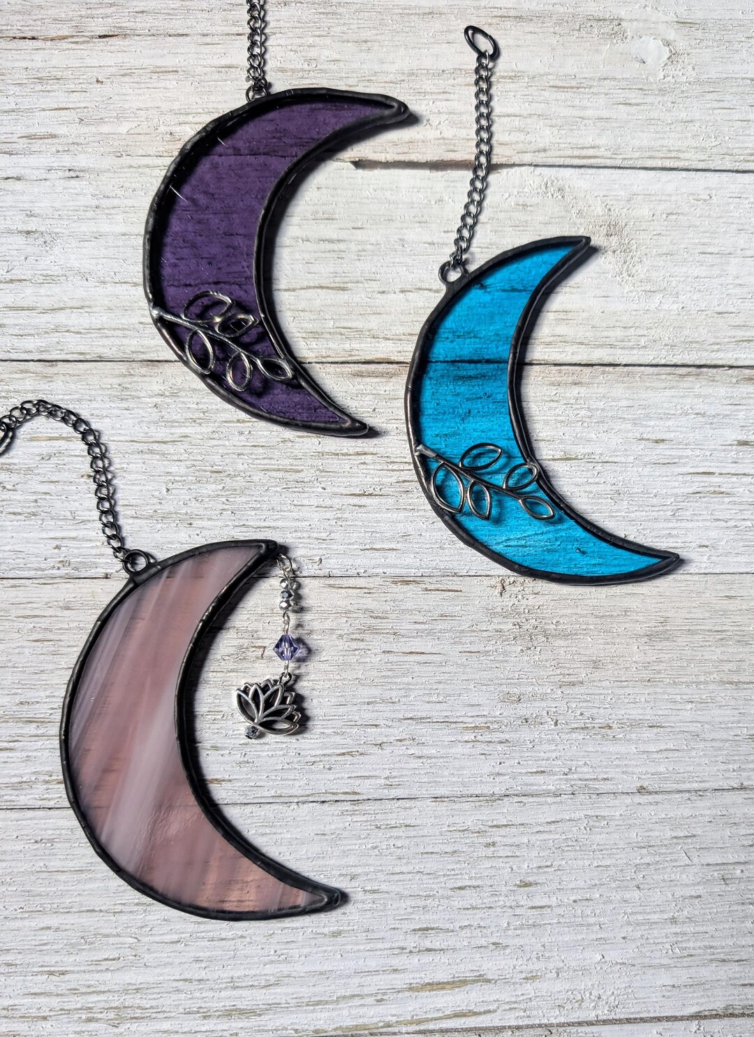 Handcrafted Stained Glass Mini Crescent Moon With Charm Accents ...