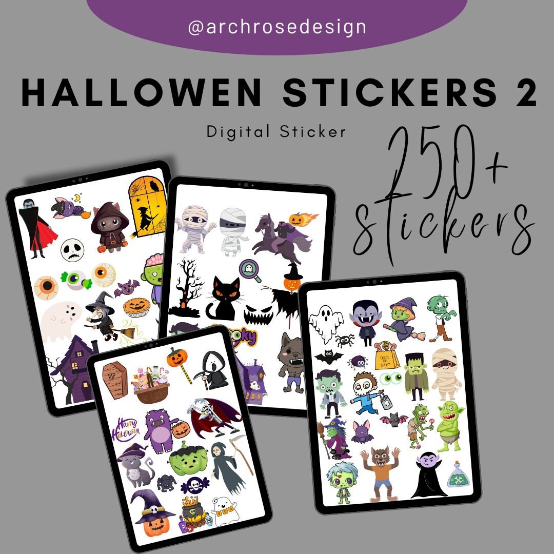 Halloween Digital Sticker Pack, 250+ PNG Stickers, Spooky Cute Designs ...