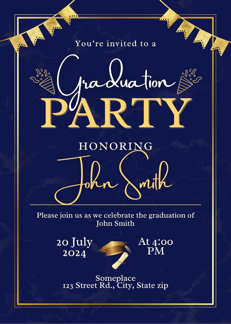 Graduation Invitation Blue, Gold, Personalized - Etsy