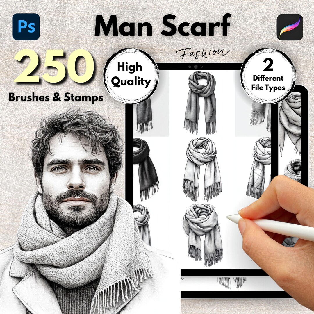 250 Man Scarf Stamps - Procreate & Photoshop Men Brushes, Digital ...