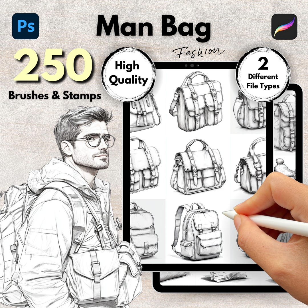 250 Man Bag Stamps - Procreate & Photoshop Men Brushes, Digital Brushes ...