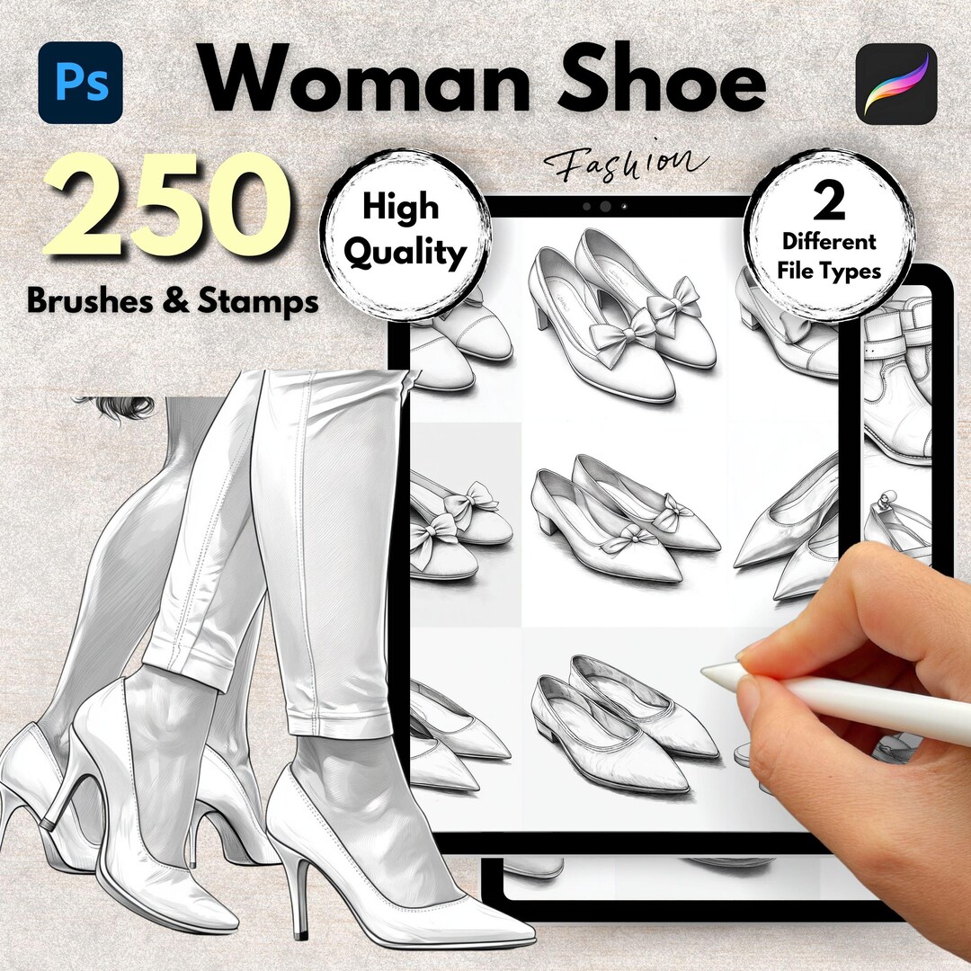 250 Woman Shoe Stamps - Procreate & Photoshop Woman Brushes, Digital ...