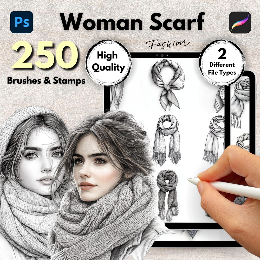 250 Woman Scarf Stamps - Procreate & Photoshop Woman Brushes, Digital ...