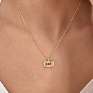 14K Solid Gold Evil Eye Necklace / Evil Eye Bead Necklace / 14K Gold Rectangle Evil Eye Bead ...