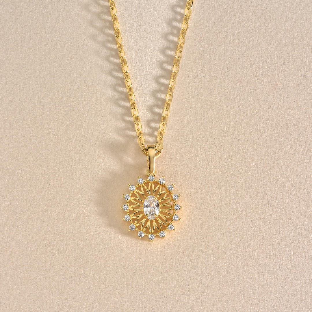 14k Solid Gold Sun Pendant Necklace, Dainty Solar Celestial Sun Charm ...