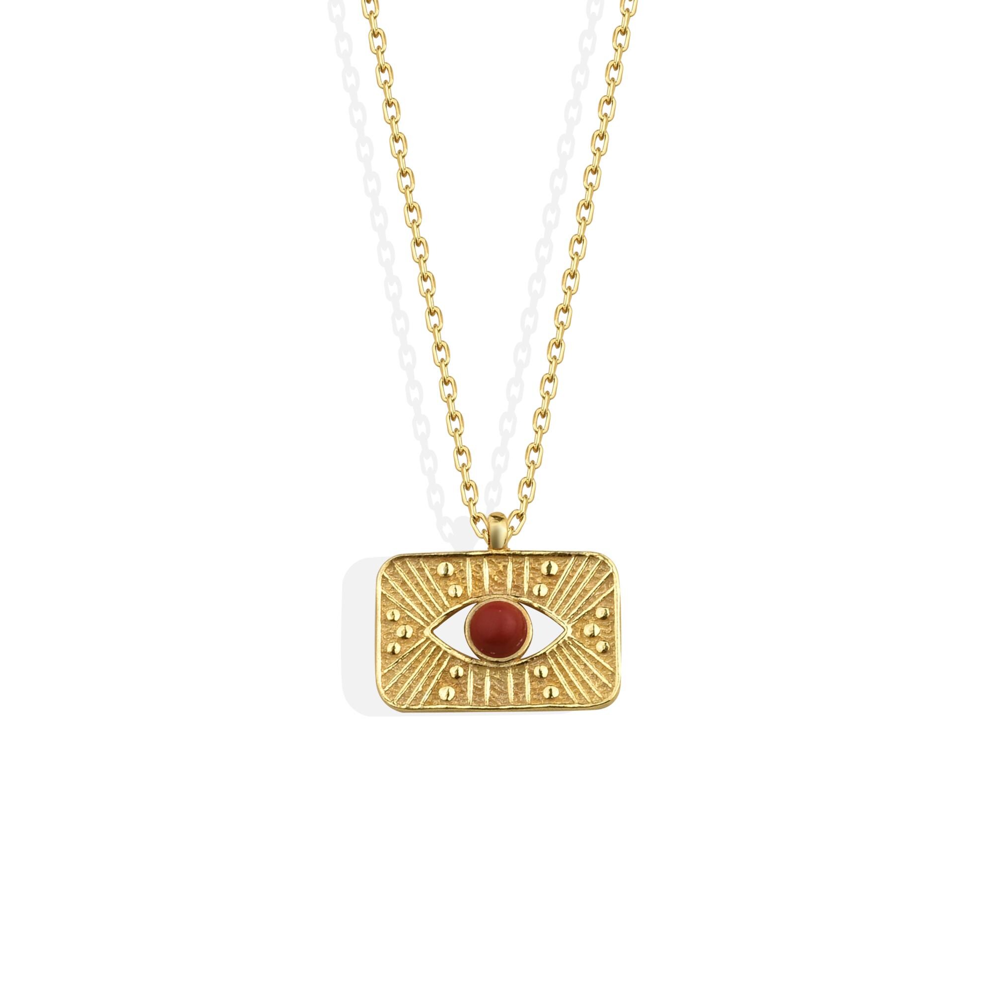14K Solid Gold Evil Eye Necklace / Evil Eye Bead Necklace / 14K Gold Rectangle Evil Eye Bead ...