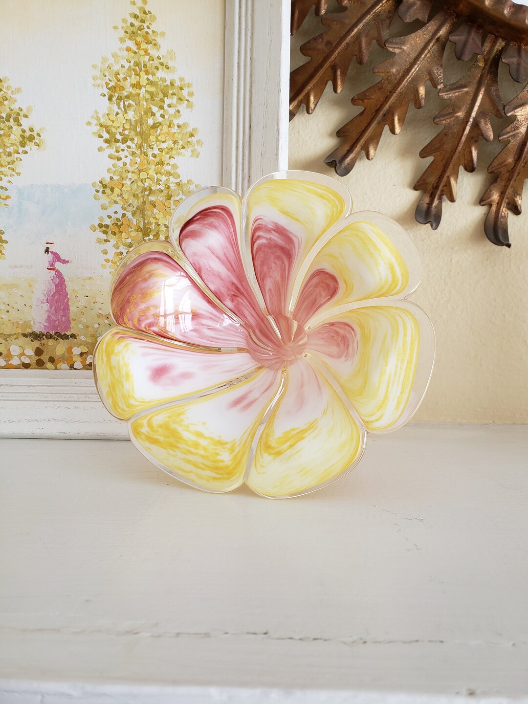 Vintage Blown Glass Art Glass Slag Glass Pink and Yellow Flower Vase - Etsy