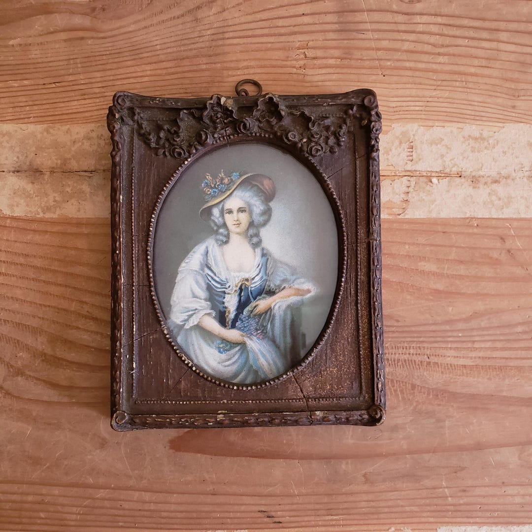 Antique 19th Century Miniature Portrait in Fancy Gilded Gesso on Wood ...