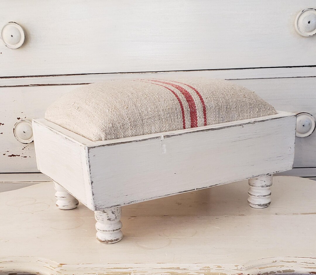 Hand Made Cricket Bench Foot Stool With Vintage French Linen Feedsack ...