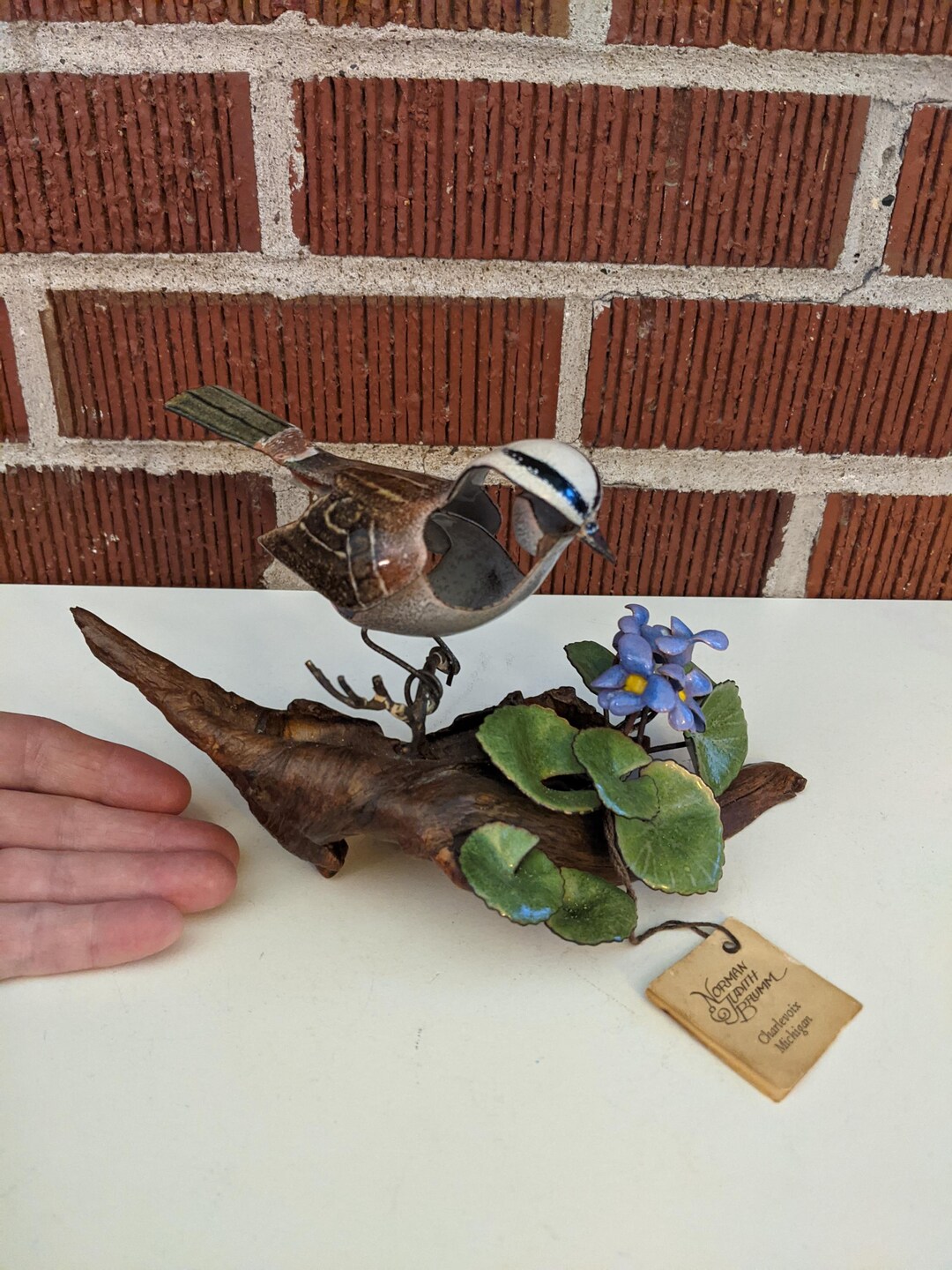 Vintage Copper Enamel Signed Violets and Sparrow Bird Sculpture by ...