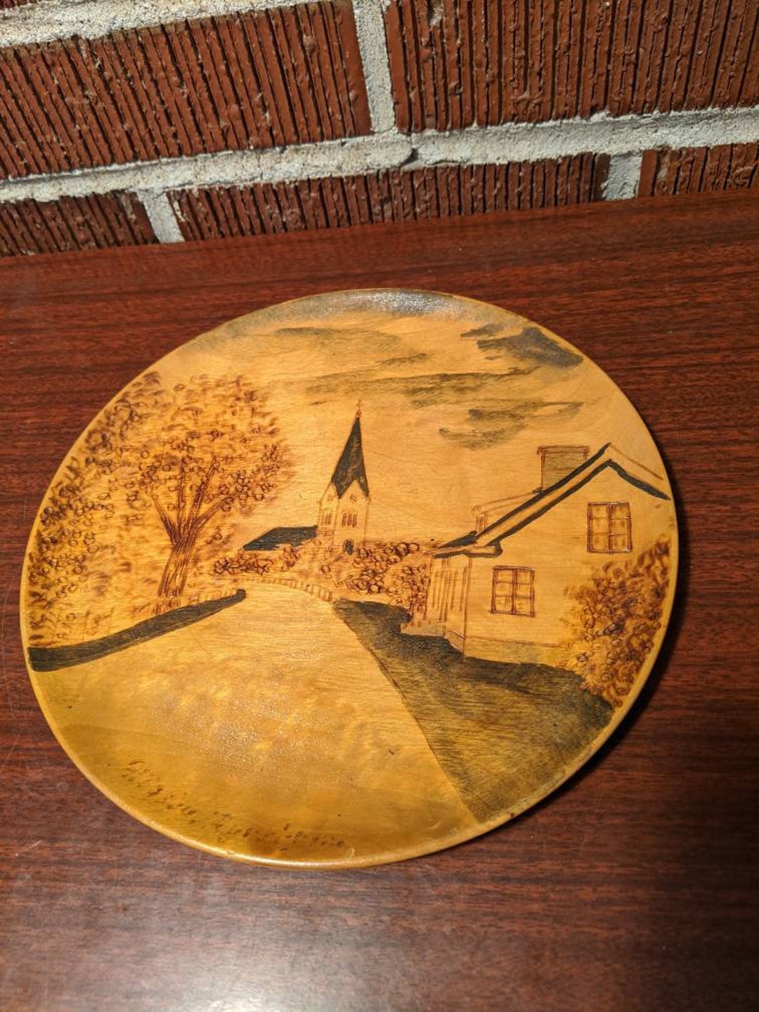 Vintage Pyrography Wood Round Wall Hanging Plaque With Carved Village ...