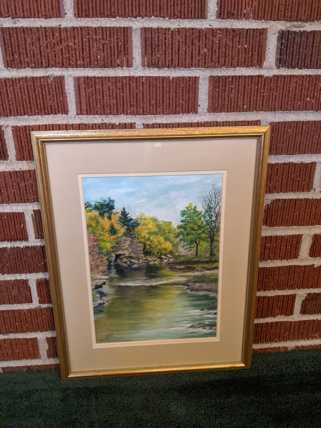 Vintage Framed Mid Century Pastel Autumn Brook Landscape Painting ...