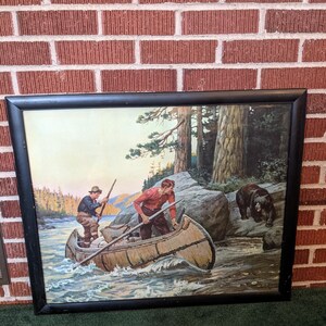 Vintage Large 29x25 Framed Outdoorsmen in Canoe and Black Bear Print by ...