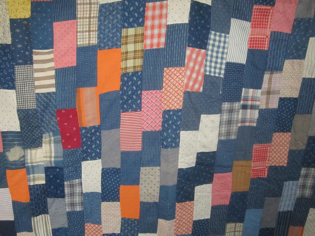 Antique Circa 1900 Primitive Blue Scrap Patchwork Winter Weight Quilt ...
