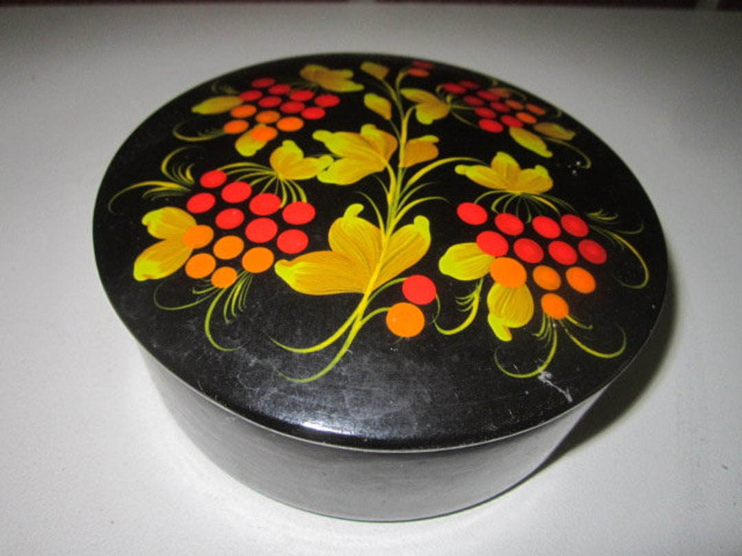 Vintage Russian Black Lacquer Round Box With Red Hand Painted Berries ...