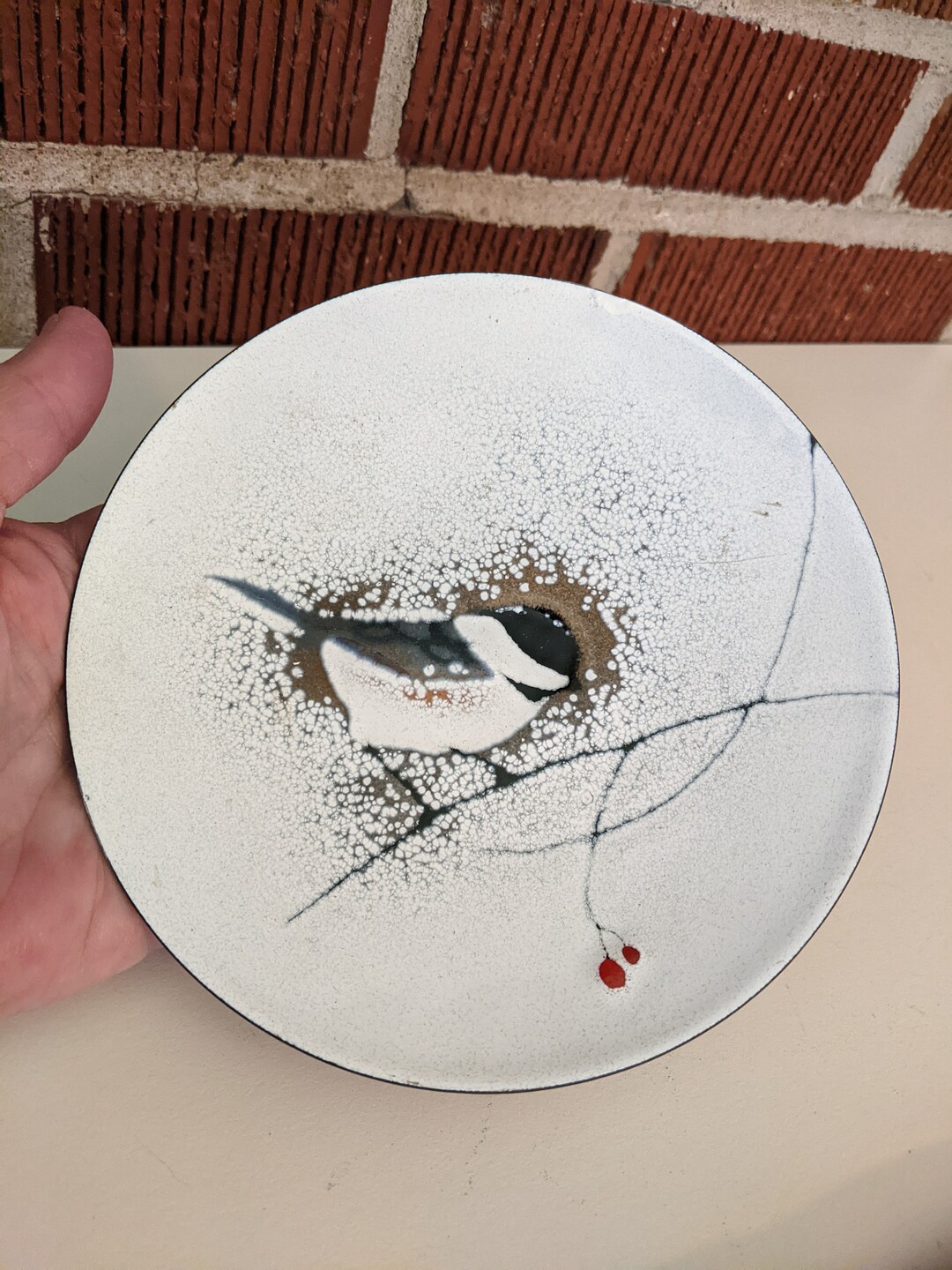 Vintage Beautiful 6 Copper Enamel Chickadee Bird Plate Signed Brumm as ...
