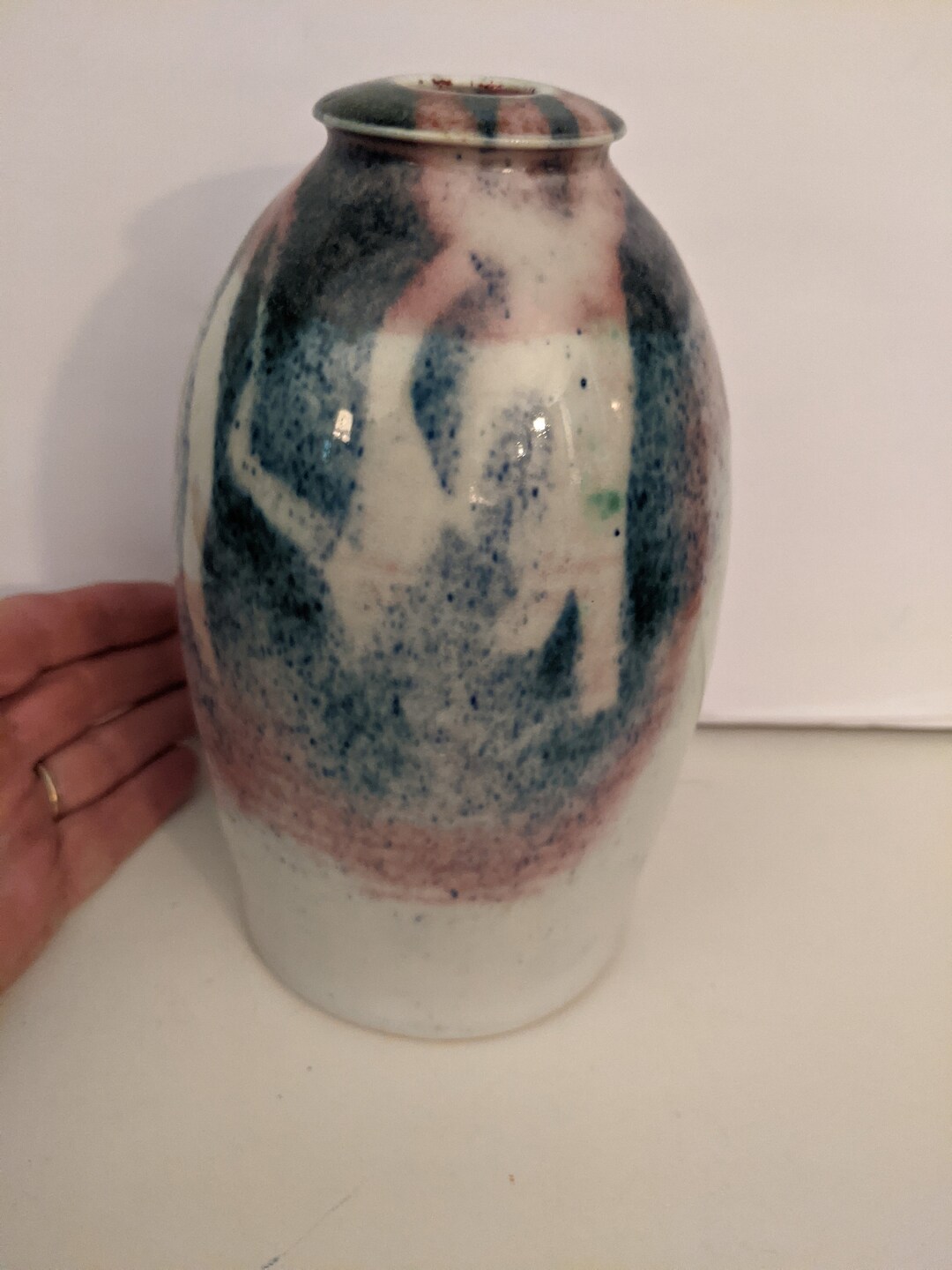 Vintage Modernist Studio Pottery Signed Vase With Pink and Blue Glaze ...