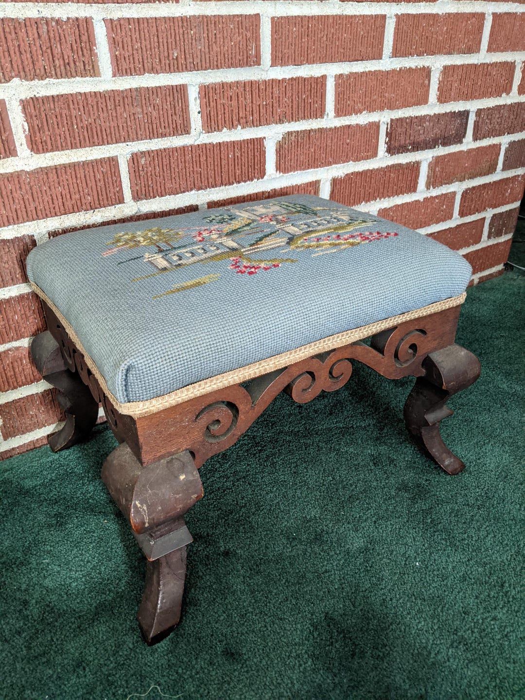 Antique 19c Victorian Carved Walnut Foot Stool With Blue Needlepoint ...