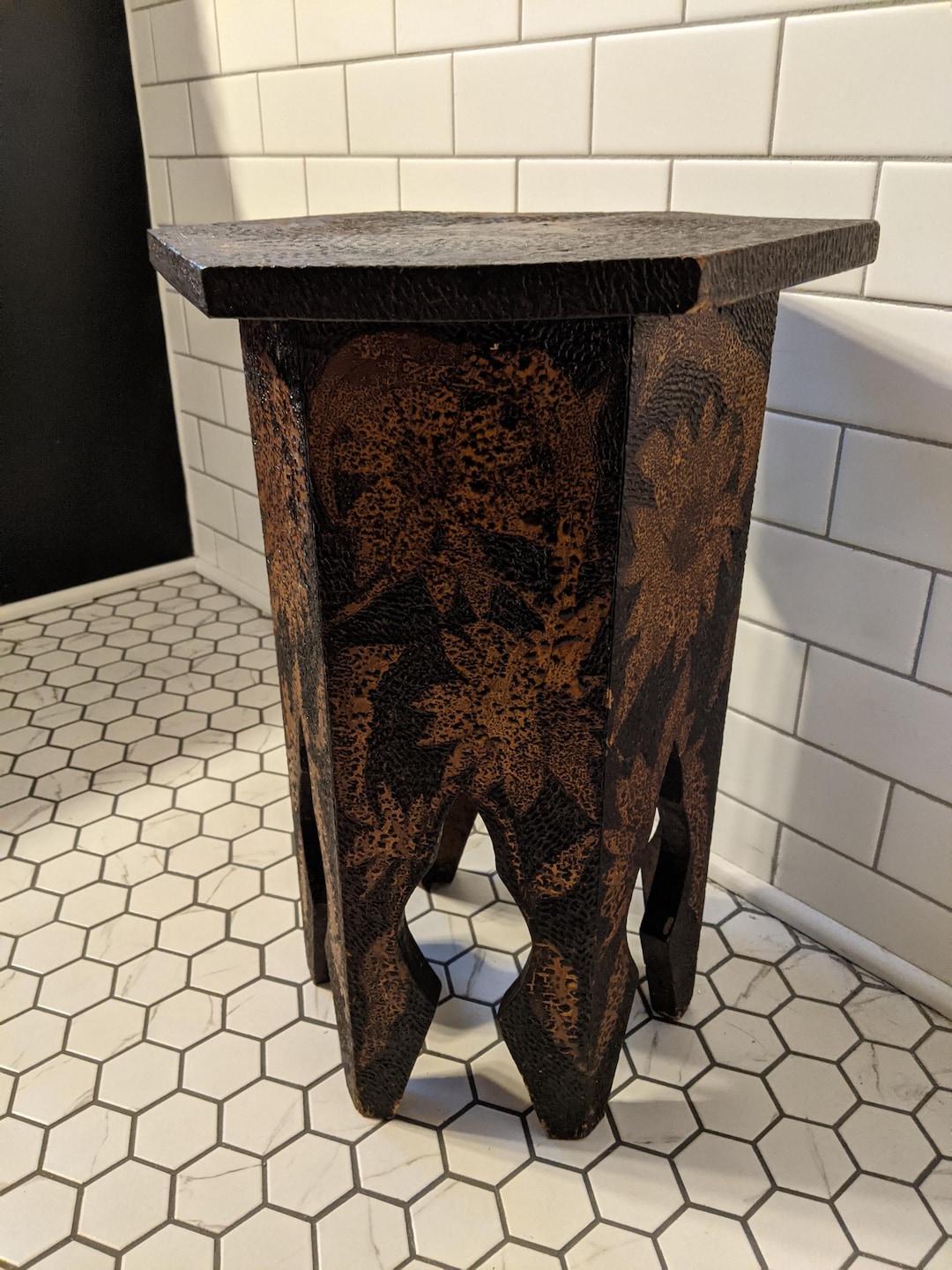 Antique Circa 1900 Folk Art Pyrography Wood Hexagonal Plant Stand ...