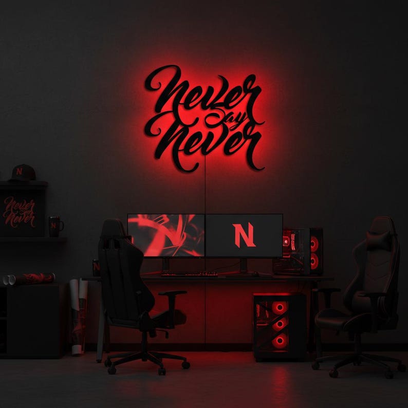 LED Never Say Never Sign - Metal Motivational Quote Wall Art Office ...