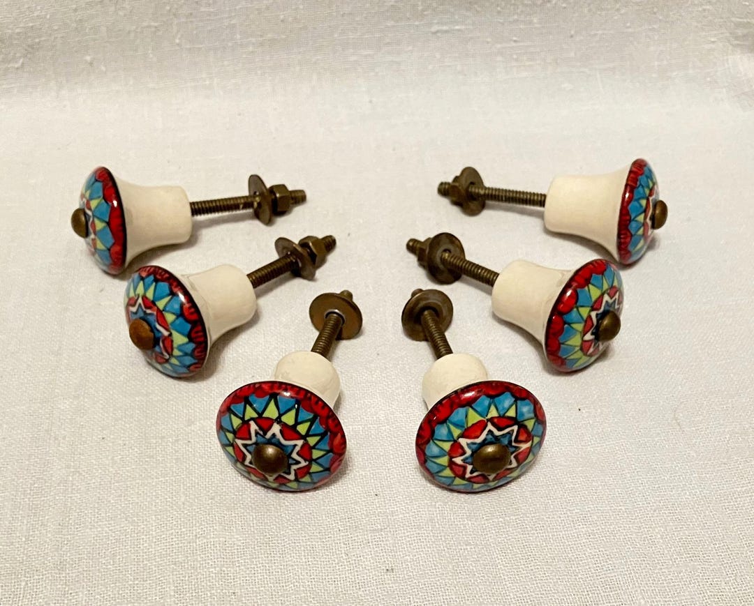 Set of 6 Vintage Porcelain Cabinet Drawer KNOBS Colorful Talavera Style W/ Screws E - Etsy