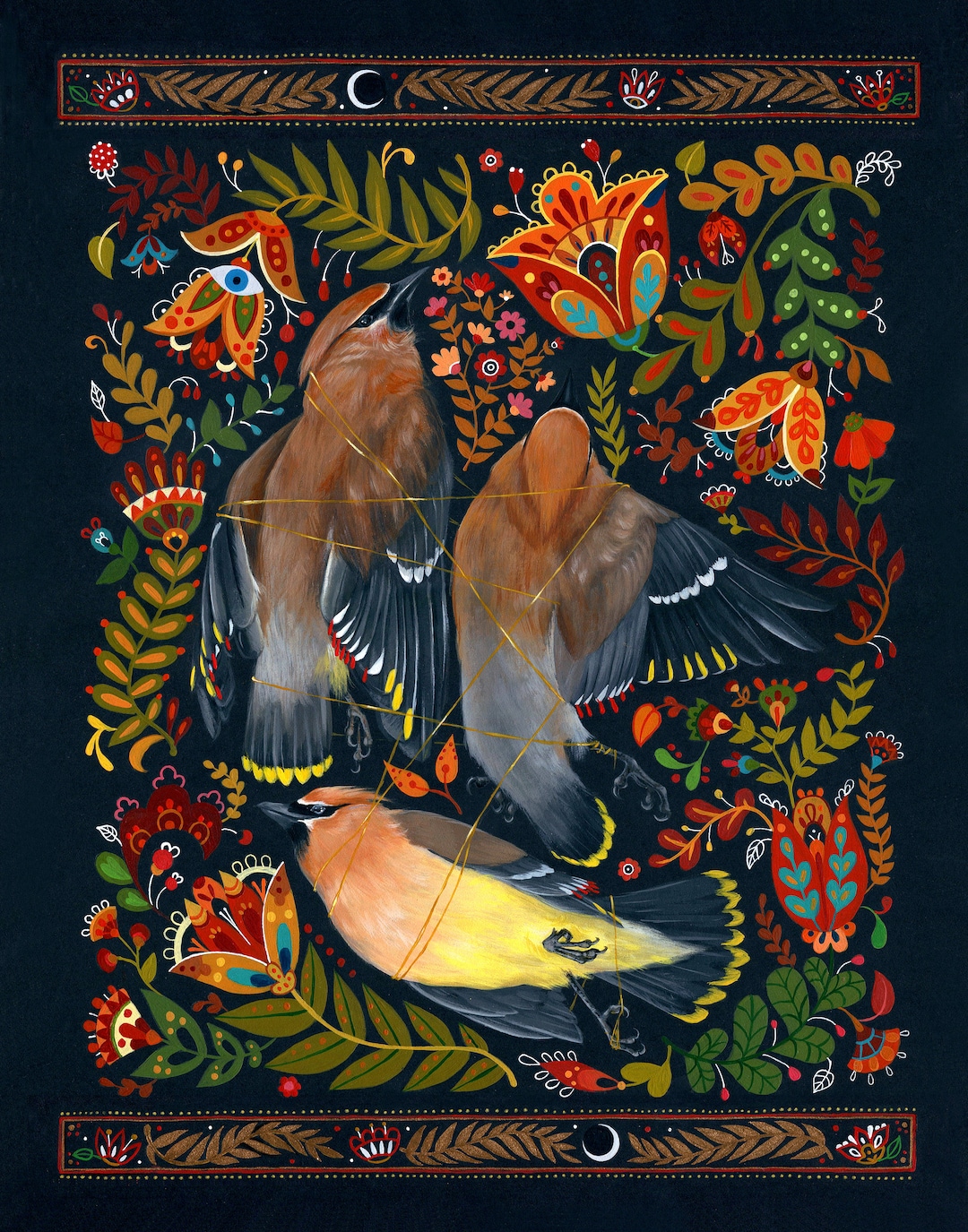 Cedar Waxwing Bird Folk Art Design Wall Art Print Framed or Unframed - Etsy