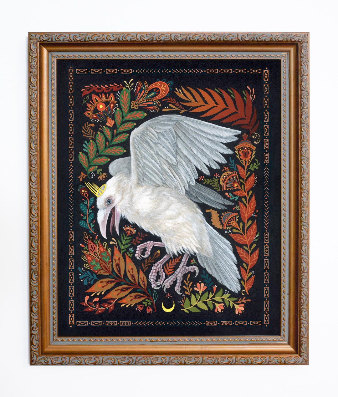 White Raven Framed Folk Art Print Wall Decor - Etsy