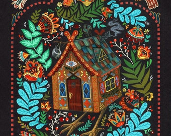 Baba Yaga's House Block Print Witch Art Folk Tales Mini Print Halloween ...