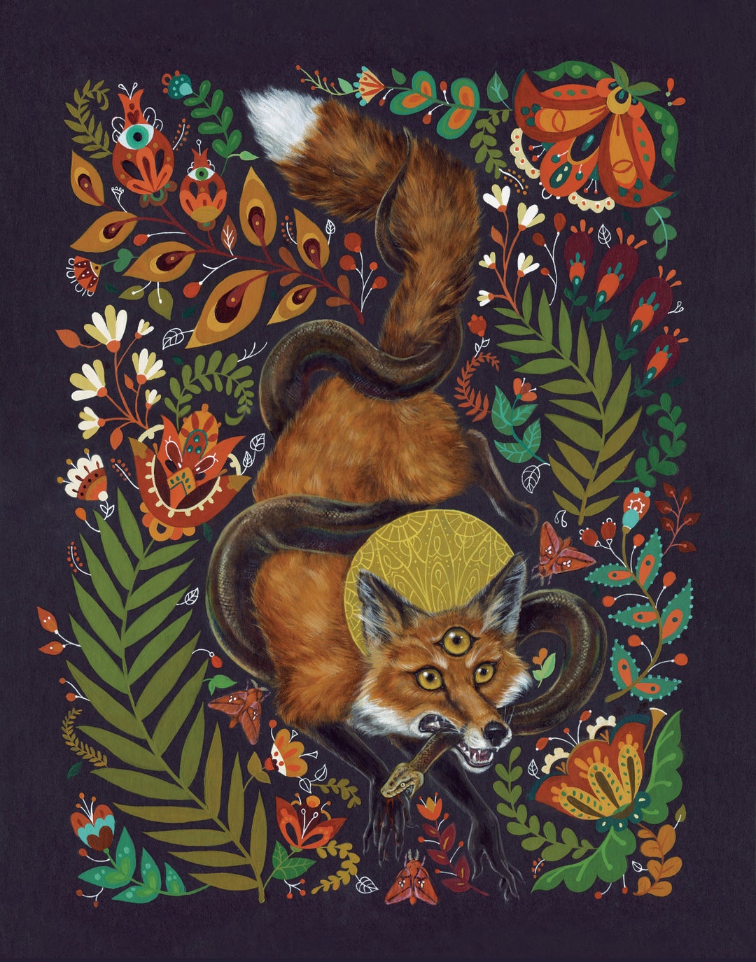 Red Fox Folk Art Design Wall Art Print Framed or Unframed - Etsy