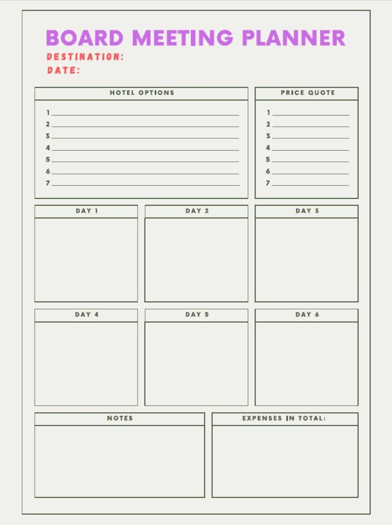 Board Meeting Planner Template, Instant Download, Executive Assistant ...