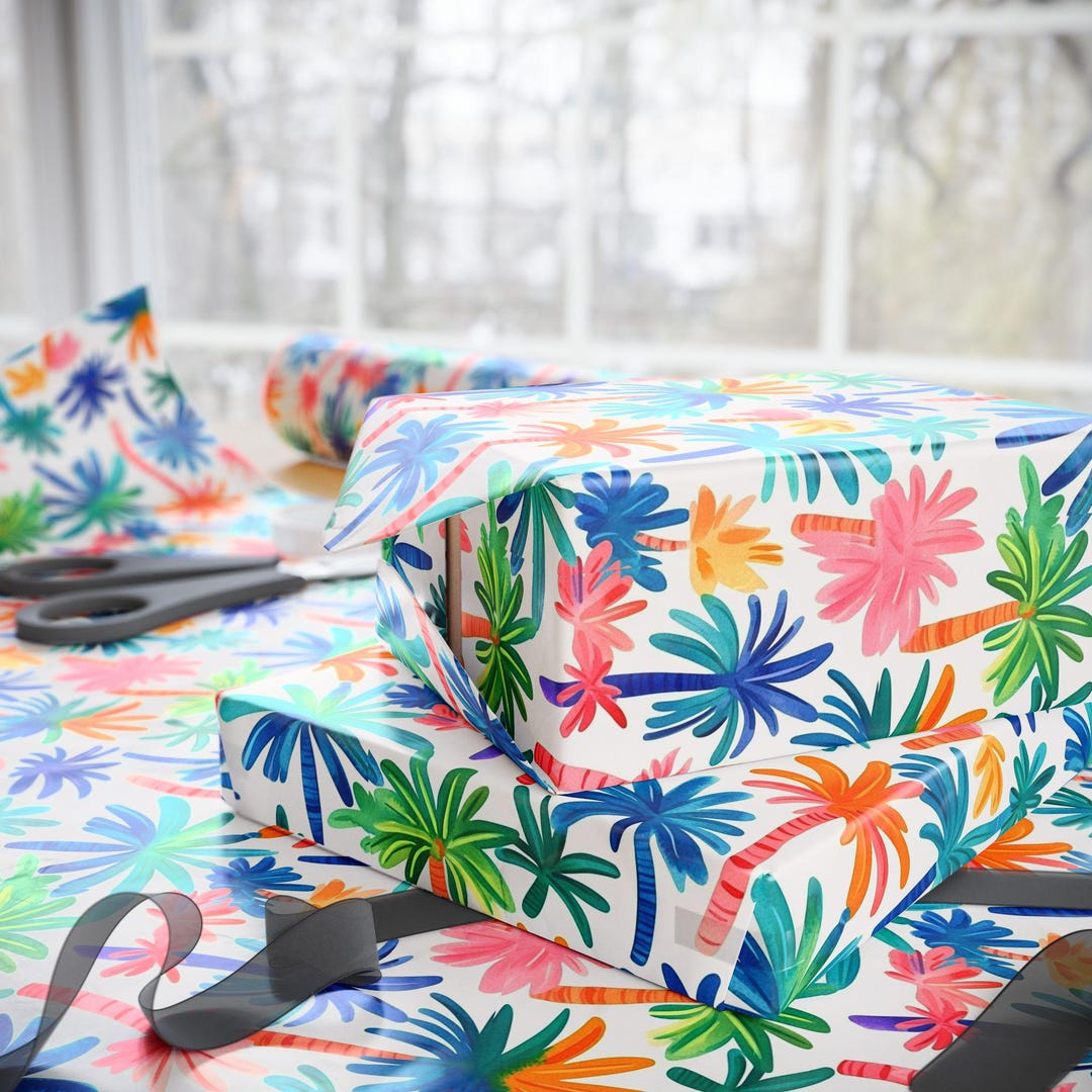Tropical Palm Tree Wrapping Paper: Rainbow Watercolor Gift Wrap - Etsy