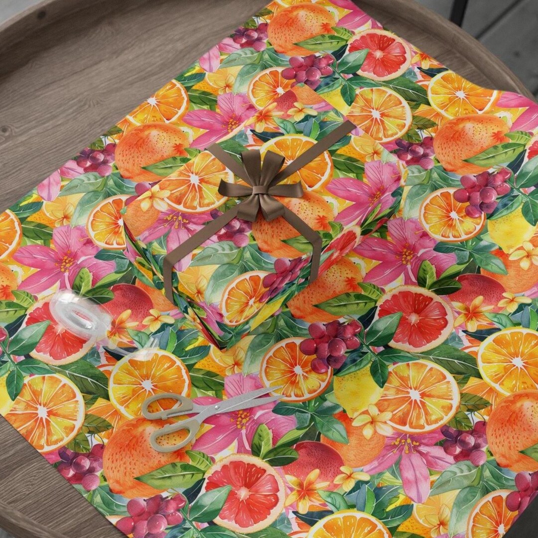 Tropical Citrus Wrapping Paper, Bright Orange Lemon Floral Gift Wrap ...