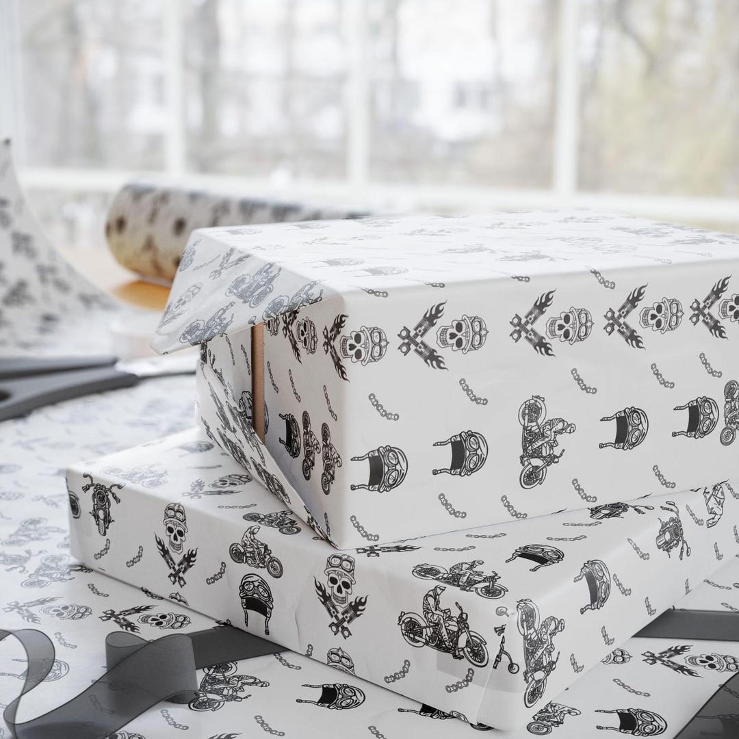 Biker Gift Wrap, Motorcycle Wrapping Paper, Skull Gift Wrap, Rocker ...