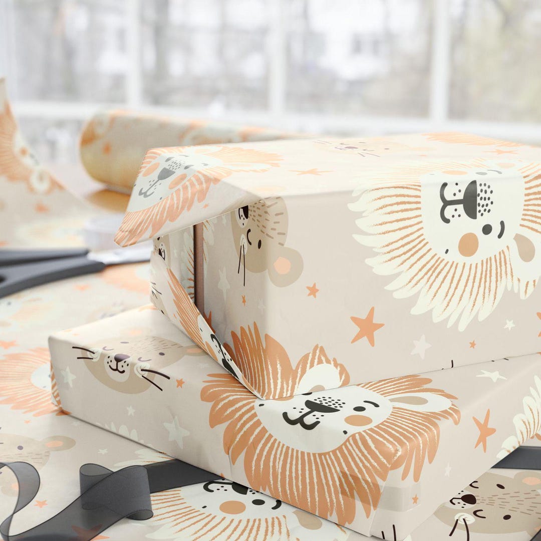 Playful Lion & Mouse Wrapping Paper Neutral Jungle Stars Design Kids ...