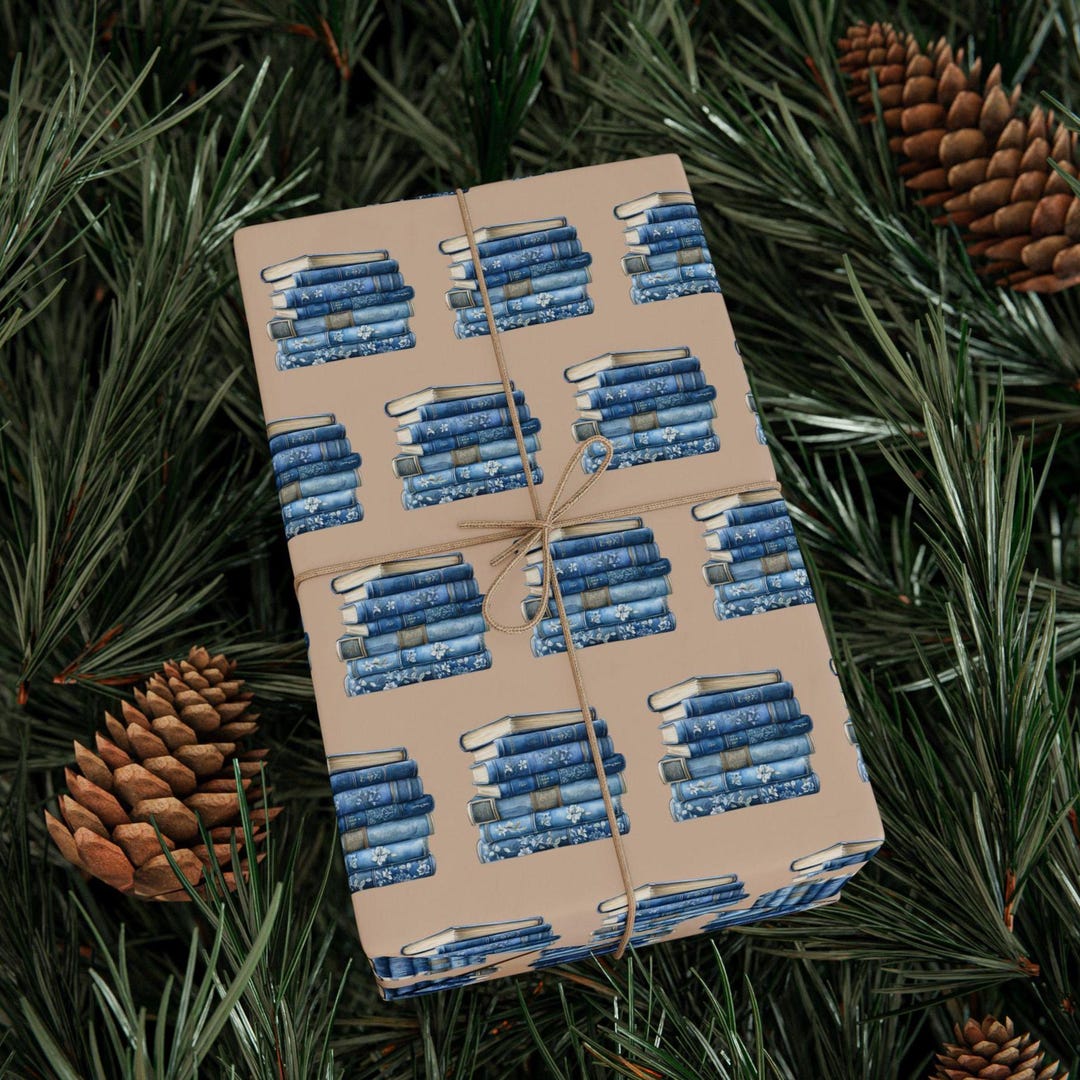Vintage Book Wrapping Paper – Book Lover Gift Wrap With Blue Bookshelf ...