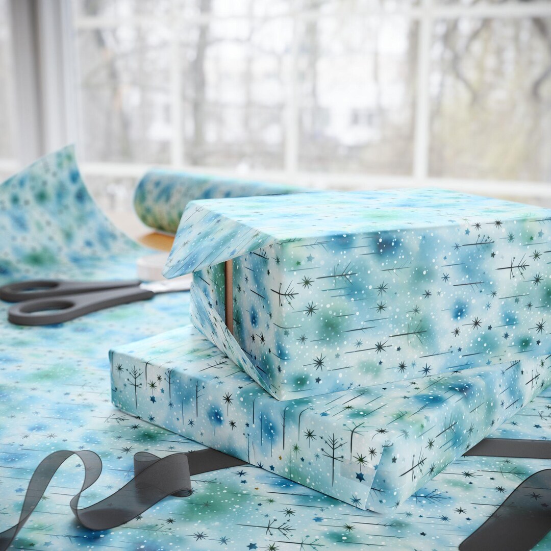Gift for Winter Birthday, Blue Forest Wrapping Paper, Snowy Tree Gift ...