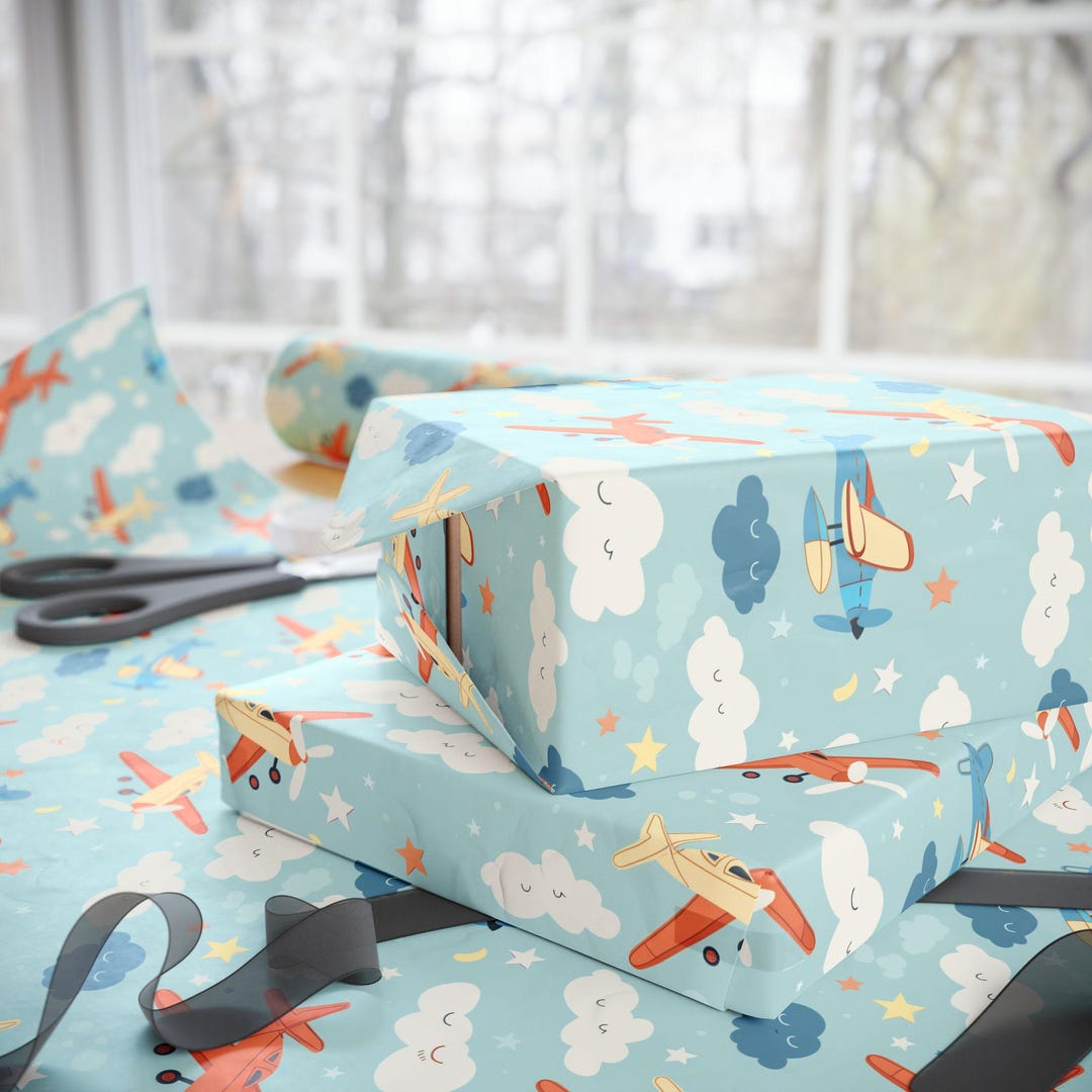 Baby Shower Wrapping Paper - Airplane Gift Wrap for Baby Boy, Adorable ...