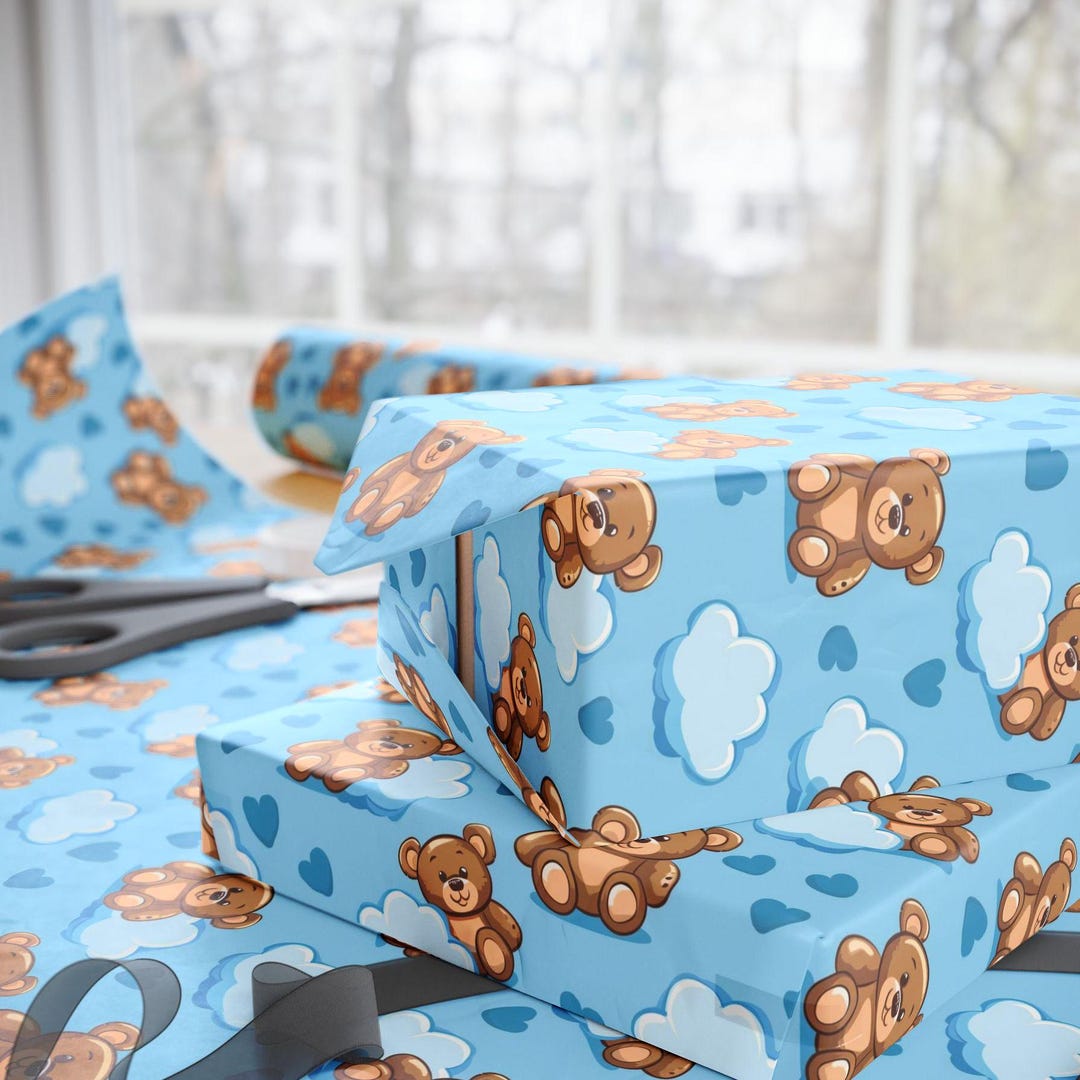 Teddy Bear Wrapping Paper - Cute Baby Shower Gift Wrap, Blue Cloud ...