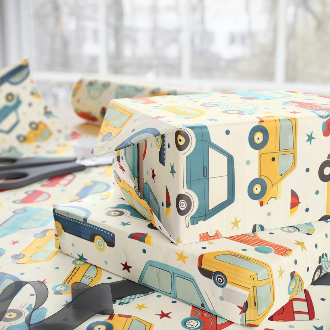 Gift for Kids - Vintage Cars Wrapping Paper, Colorful Retro Vehicles ...