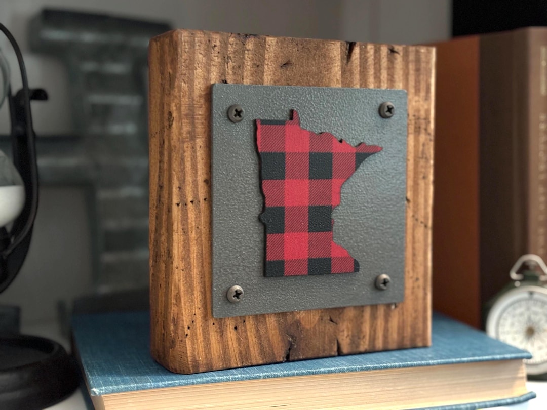 Minnesota State Decor Wood Block With Buffalo Plaid | State Pride ...