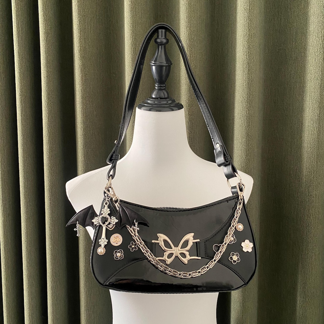 Y2K Retro Handmade Leather Shoulder Bag Button Chain Handbag Punk Stlye ...