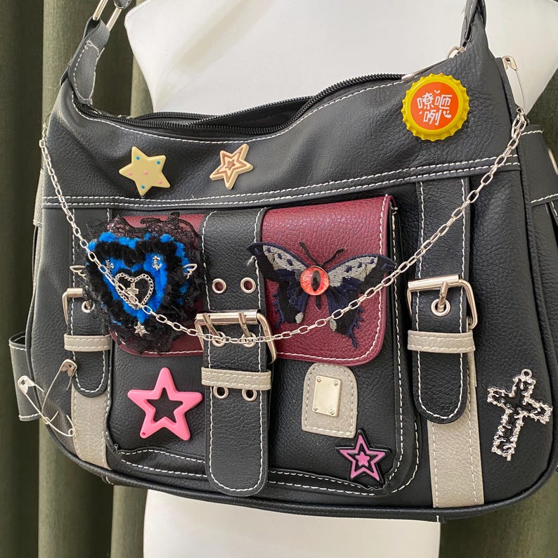 Y2K Handmade Remake Leather Tote Bag Big Capacity Shoulder Bag Punk ...