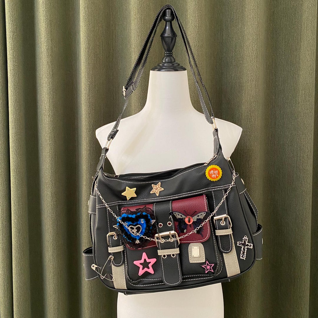Y2K Handmade Remake Leather Tote Bag Big Capacity Shoulder Bag Punk ...