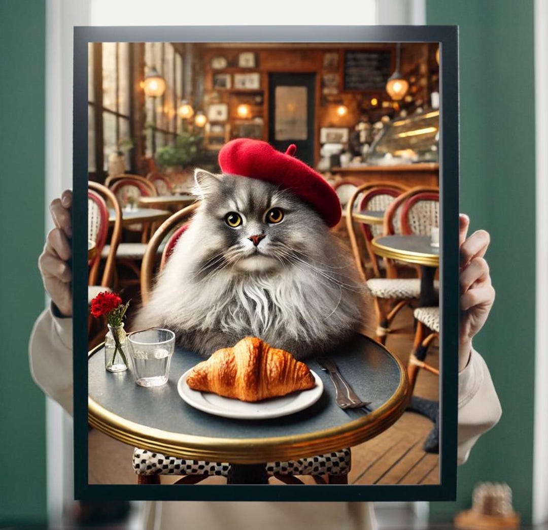 Parisian Cat With Red Beret in a Café, Cute French Art Print, Cat Lover ...