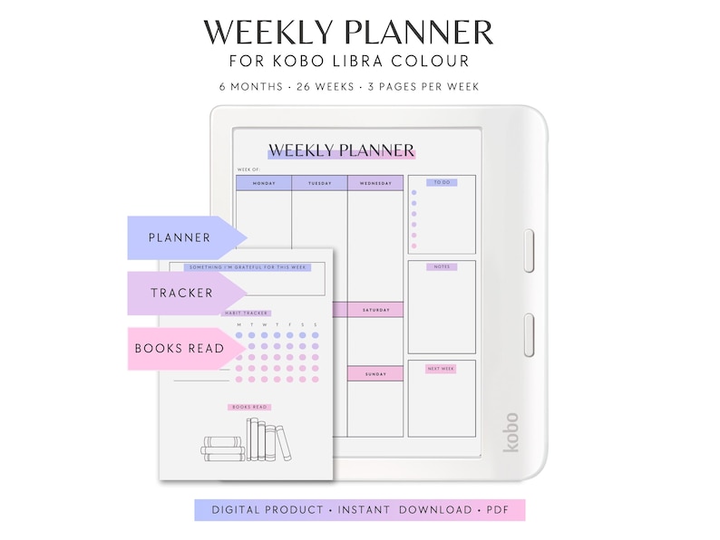 Lilac & Pink Weekly Planner for Kobo Libra Colour, Elipsa 2E, Sage | 6 ...