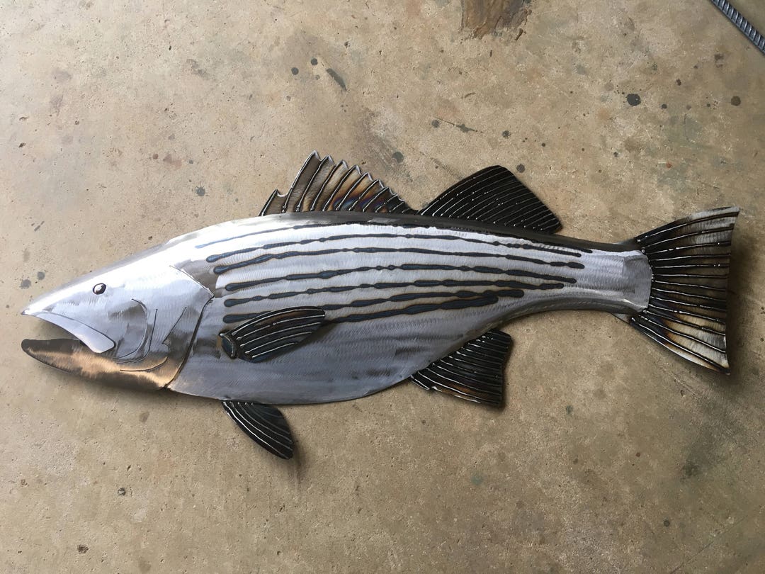 Striped Bass Metal Fish 35in Handmade Wall Art Sculpture Beach Coastal ...